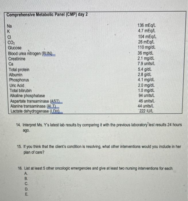 Solved Comprehensive Metabolic Panel (CMP) day 2 Na K CI CO2 | Chegg.com