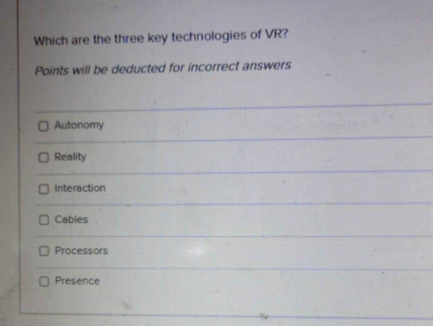 Solved Which are the three key technologies of VR? Points | Chegg.com
