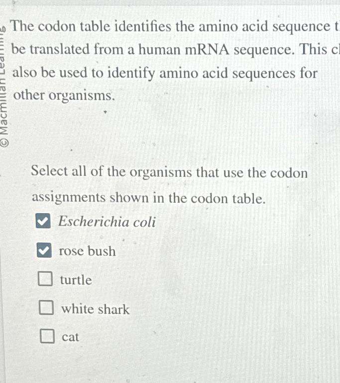 Solved The codon table identifies the amino acid sequence t | Chegg.com
