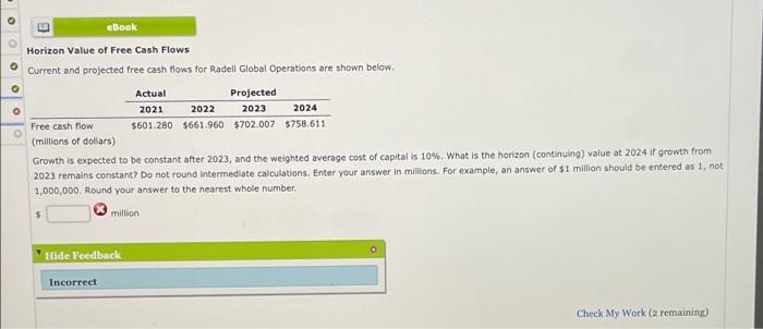 Solved eBook Horizon Value of Free Cash Flows Current and | Chegg.com