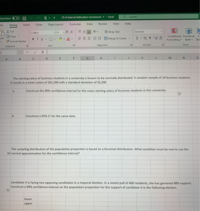 Solved AutoSave Che interval Estimation homework 1. Excel e | Chegg.com