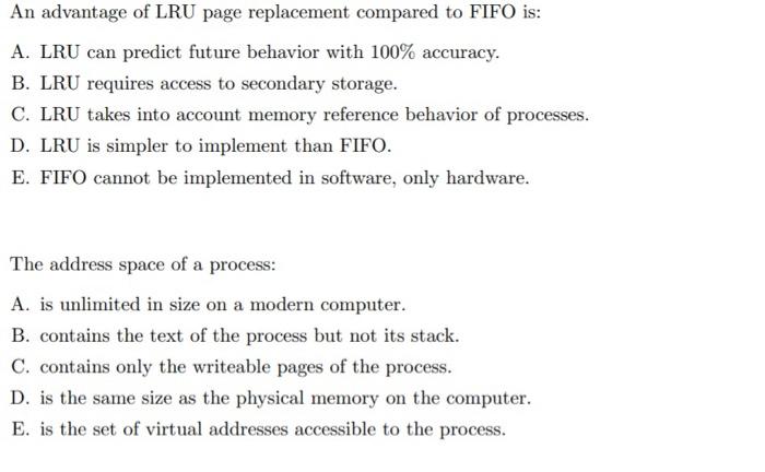 Solved An advantage of LRU page replacement compared to FIFO | Chegg.com