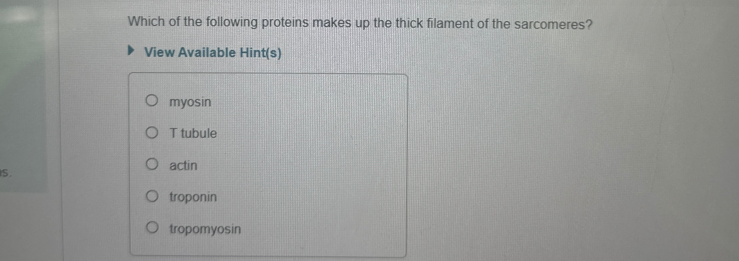 Solved Which of the following proteins makes up the thick | Chegg.com