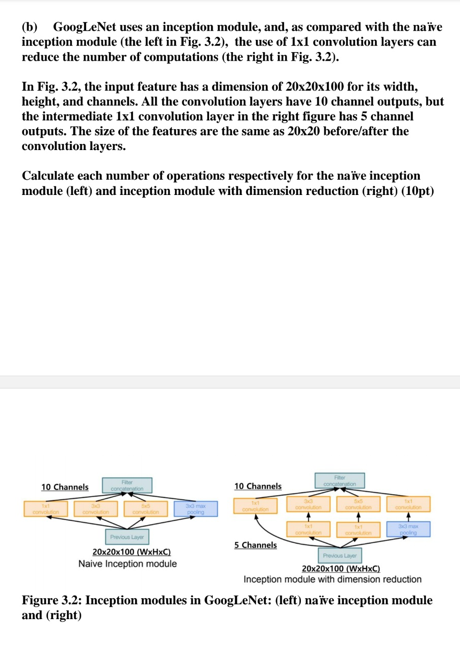 Solved (b) ﻿GoogLeNet uses an inception module, and, as | Chegg.com