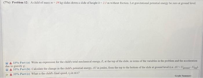 Solved (7\%) Problem 12: A child of mass m−19 kg slides down | Chegg.com
