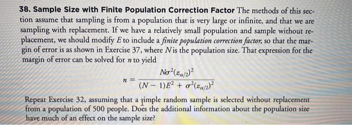 Solved 38 Sample Size With Finite Population Correction