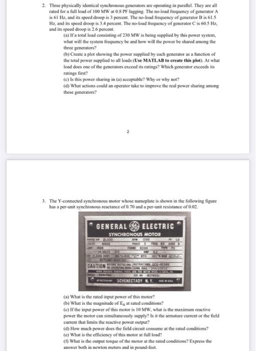 Solved 2. Three physically identical synchronous generators | Chegg.com