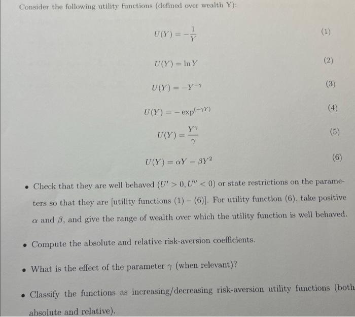 Consider the following utility functions (defined | Chegg.com