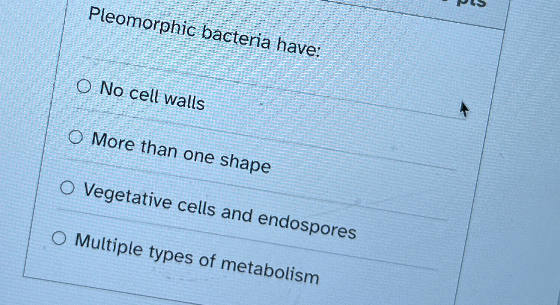 Solved Pleomorphic bacteria have:No cell wallsMore than one | Chegg.com