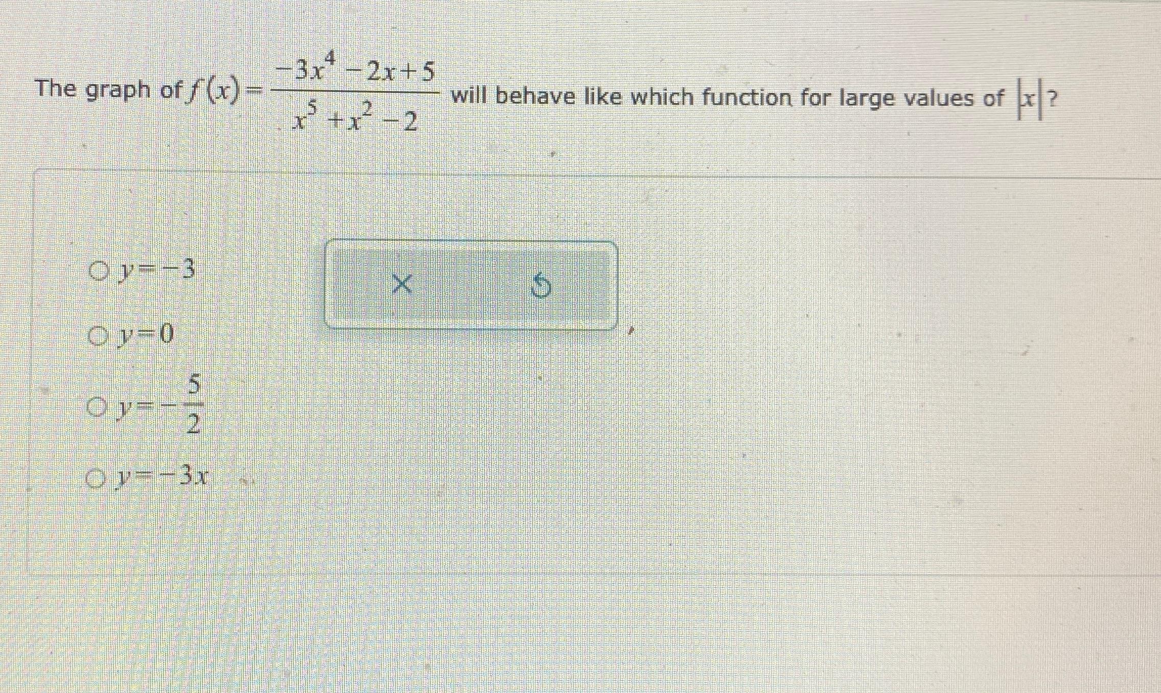 Solved The graph of f(x)=-3x4-2x+5x5+x2-2 ﻿will behave like | Chegg.com