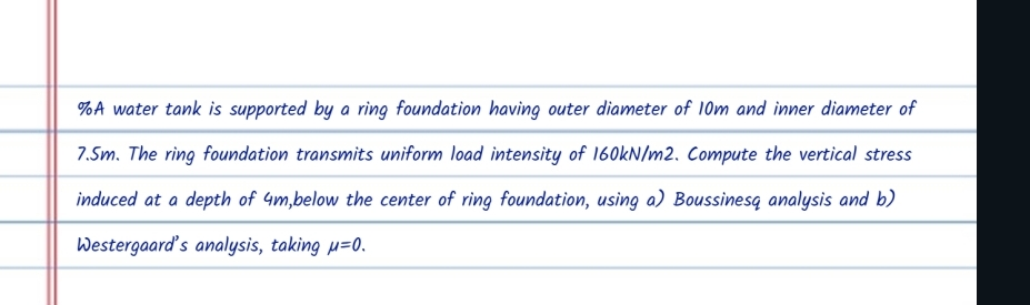 Solved %A water tank is supported by a ring foundation | Chegg.com