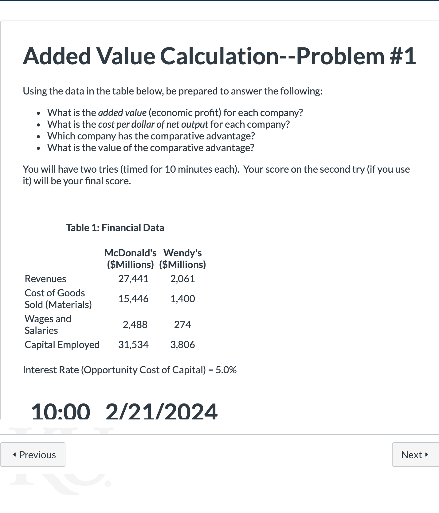 Solved Added Value Calculation--Problem #1Using the data in | Chegg.com