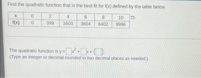 Solved Find the quadratic function that is the best fit for | Chegg.com