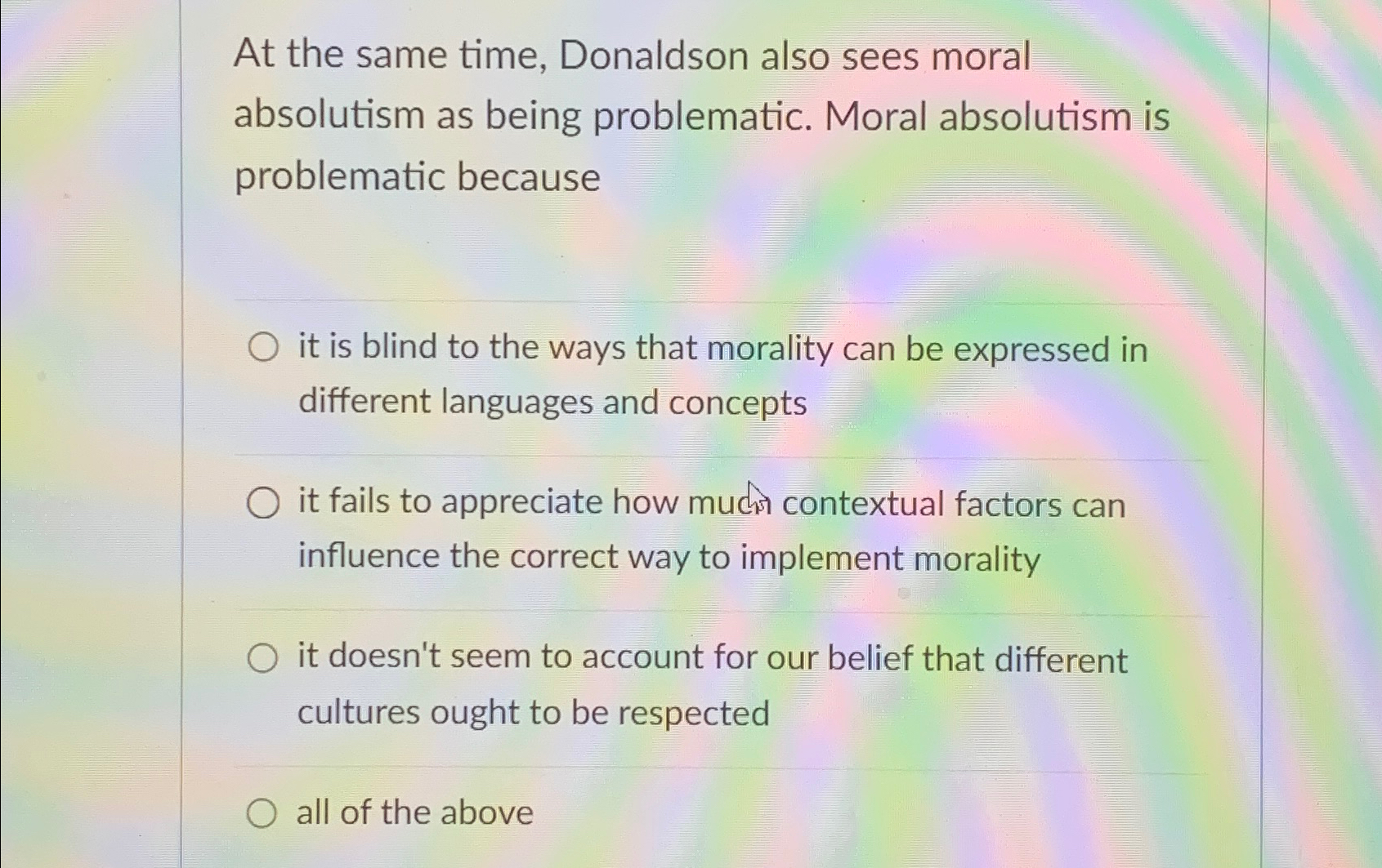 Solved At the same time, Donaldson also sees moral | Chegg.com