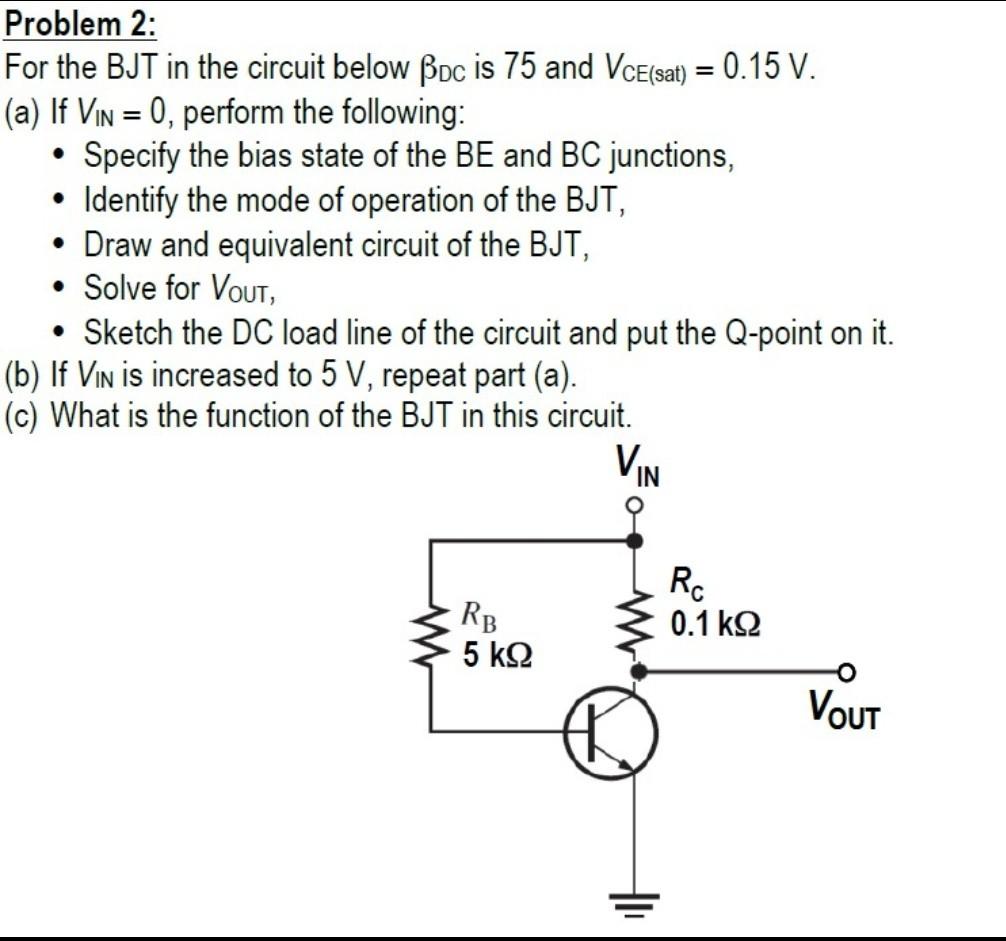 Solved Problem 2: For the BJT in the circuit below Boc is 75 | Chegg.com