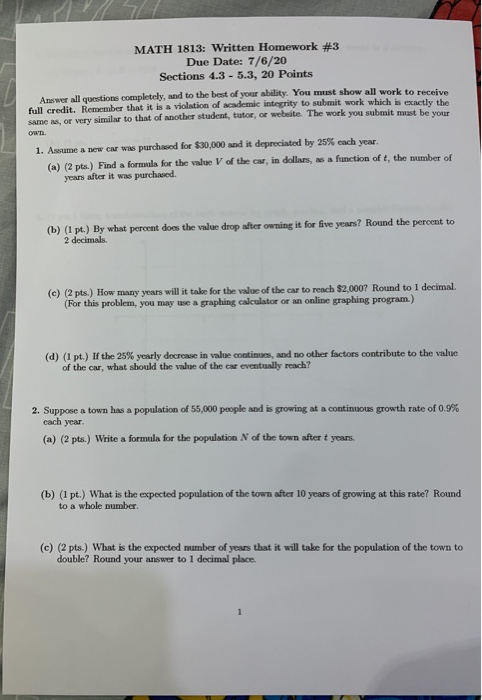 Solved MATH 1813: Written Homework #3 Due Date: 7/6/20 | Chegg.com