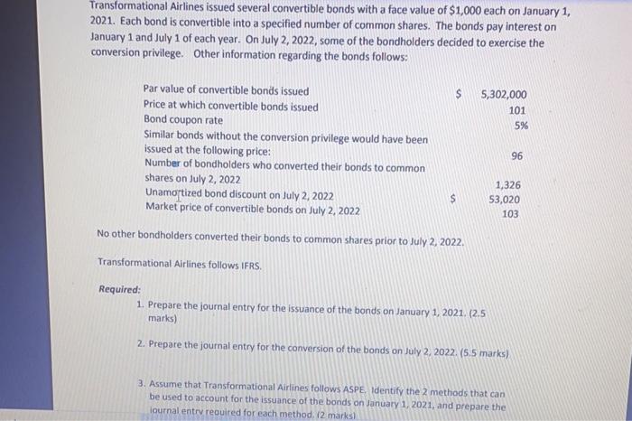 Solved Transformational Airlines issued several convertible | Chegg.com