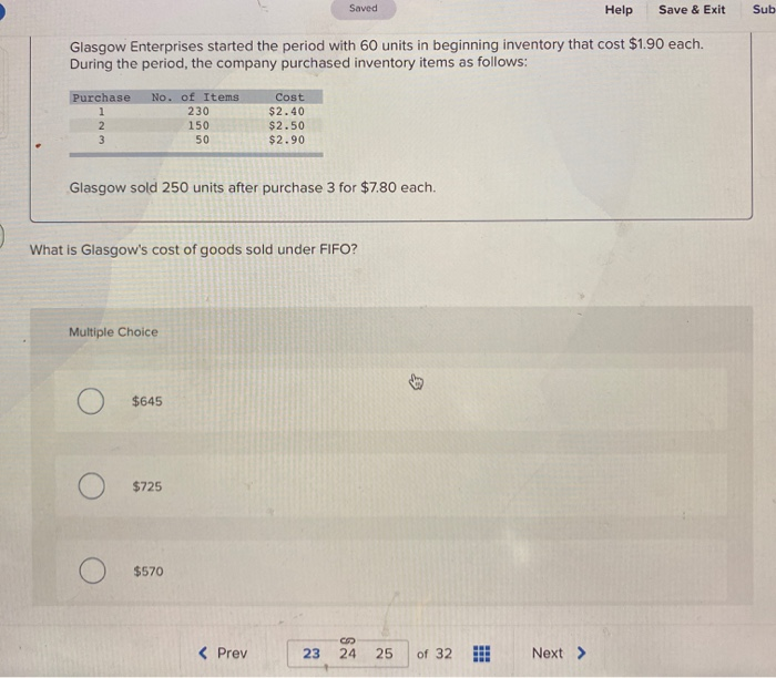 Solved Saved Help Save & Exit Sub Glasgow Enterprises | Chegg.com