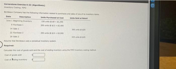 Solved Cornerstone Exercise 6-22 (Algorithmic) Inventory | Chegg.com