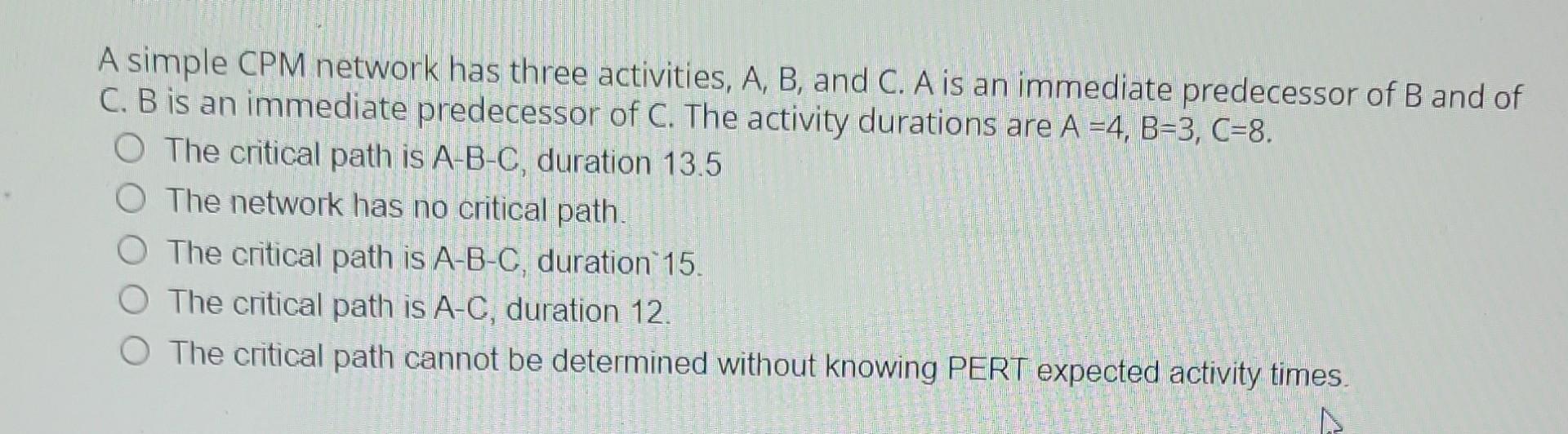 Solved A simple CPM network has three activities, A, B, and | Chegg.com
