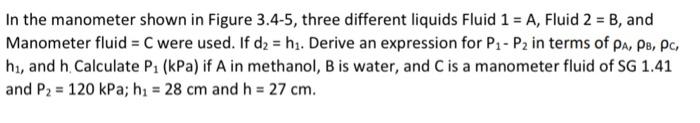 Solved In the manometer shown in Figure 3.4-5, three | Chegg.com