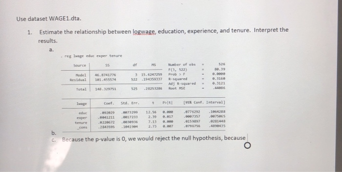 Solved Use dataset WAGE1.dta. 1. Estimate the relationship | Chegg.com