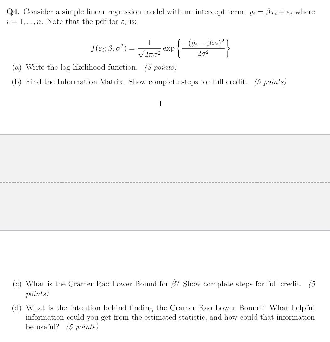 Solved Q4. Consider a simple linear regression model with no | Chegg.com
