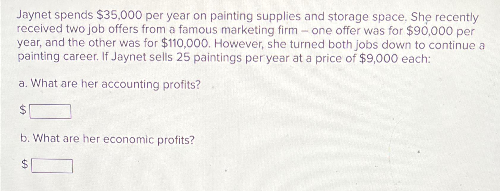 Solved Jaynet spends $35,000 per year on painting supplies | Chegg.com Solved Jaynet spends $35,000 per year on painting supplies | Chegg.com