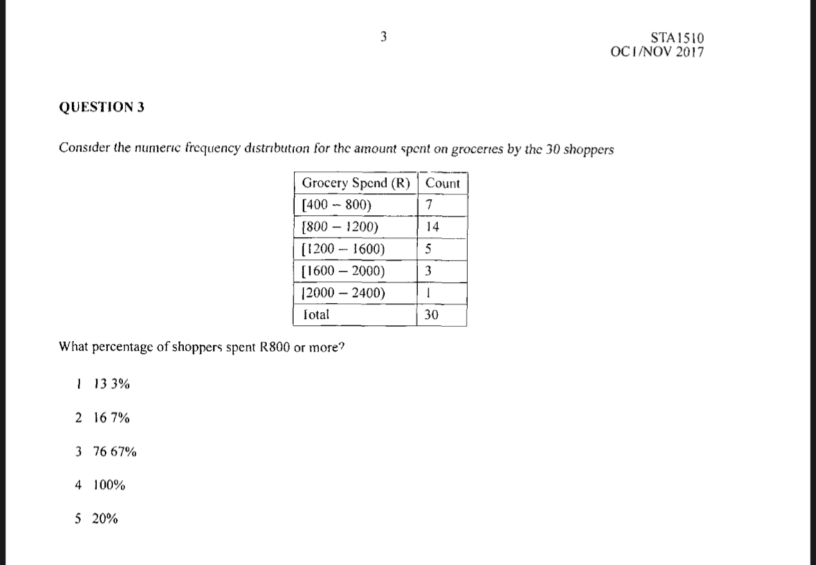 Solved 3STA 1510OCI/NOV 2017QUESTION 3Consider the numeric | Chegg.com