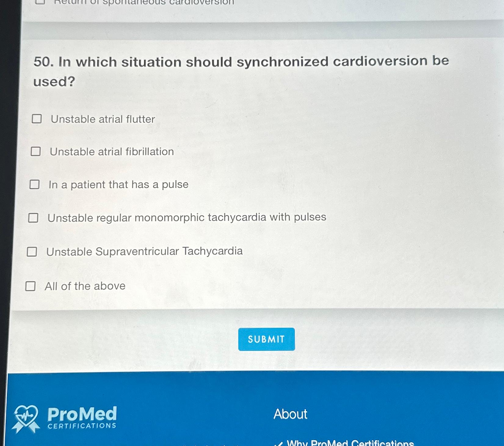 Solved In which situation should synchronized cardioversion | Chegg.com