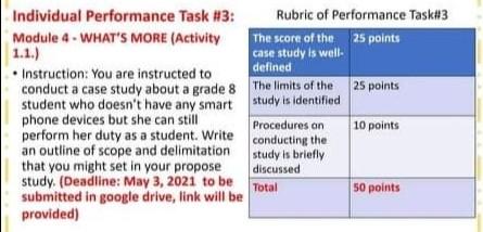 Individual Performance Task #3: Rubric of Performance | Chegg.com