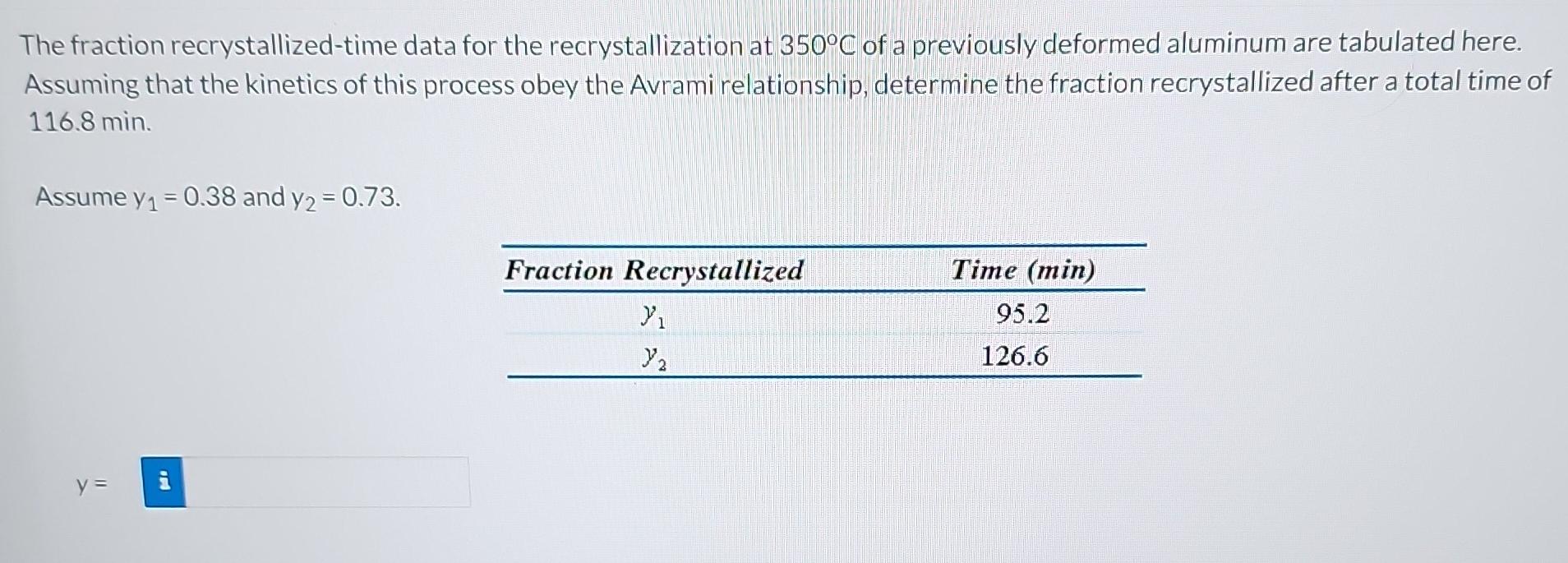 Solved The fraction recrystallized-time data for the | Chegg.com