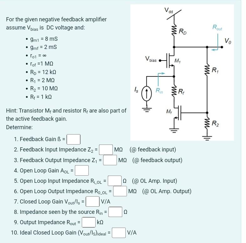 Solved For the given negative feedback amplifier assume | Chegg.com