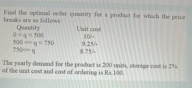 Solved Find the optimal order quantity for a product for | Chegg.com