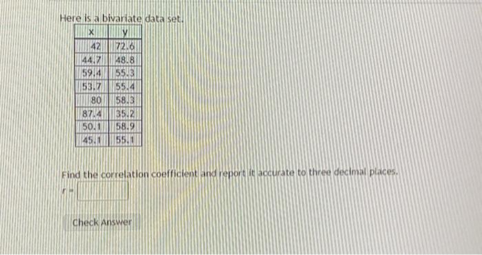Solved Here is a bivariate data set. Find the correlation | Chegg.com