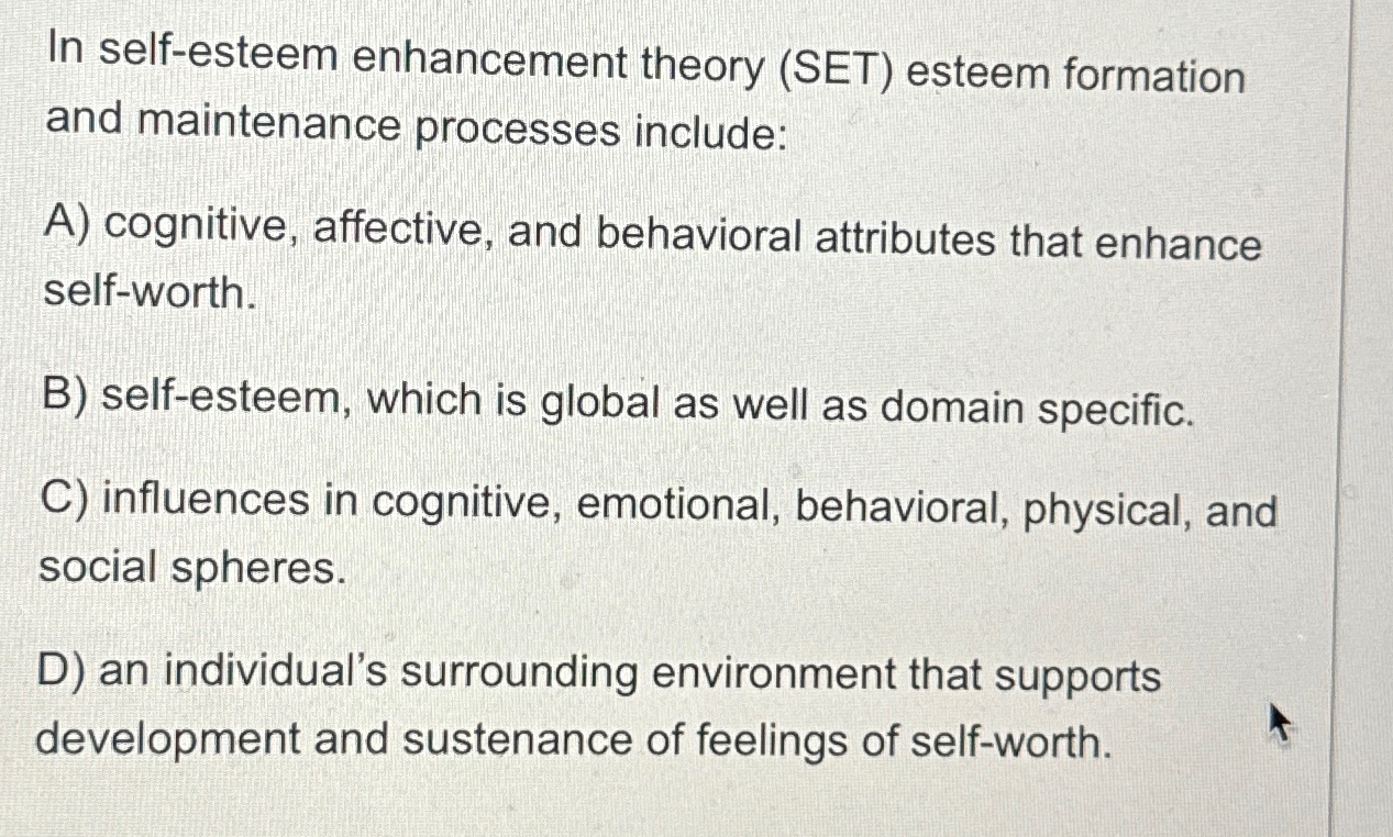 Solved In self-esteem enhancement theory (SET) ﻿esteem | Chegg.com