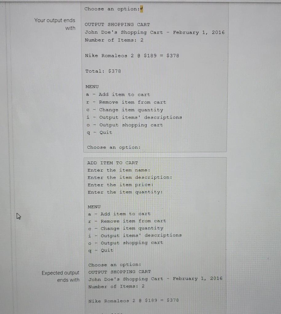 Solved 7.26 LAB*: Program: Online shopping cart (Part 2) | Chegg.com