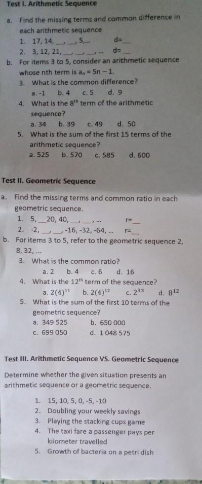 Solved Test I. Arithmetic Sequence a. Find the missing terms | Chegg.com
