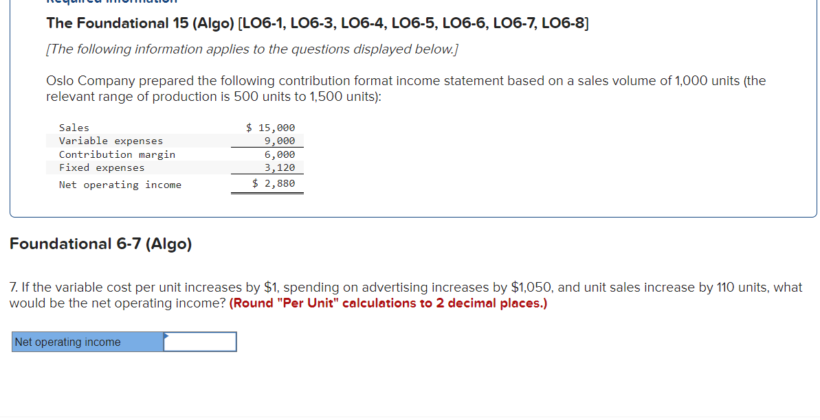 Solved Foundational 6-7 (Algo)If the variable cost per unit | Chegg.com