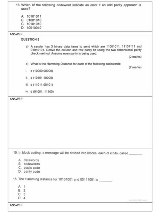 Solved 16. Which of the following codeword indicate an error | Chegg.com