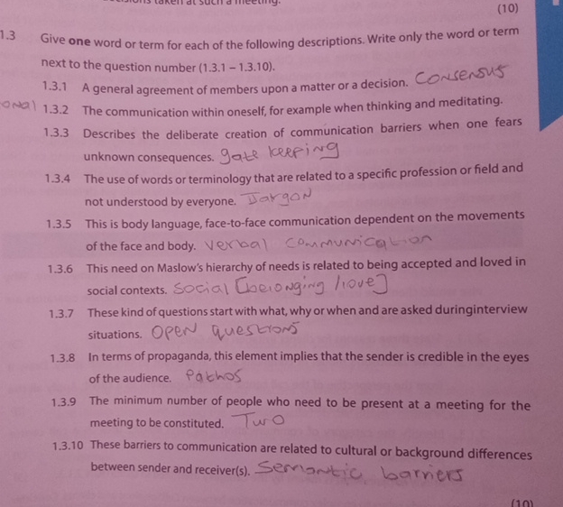 Solved (10)1.3 ﻿Give one word or term for each of the | Chegg.com