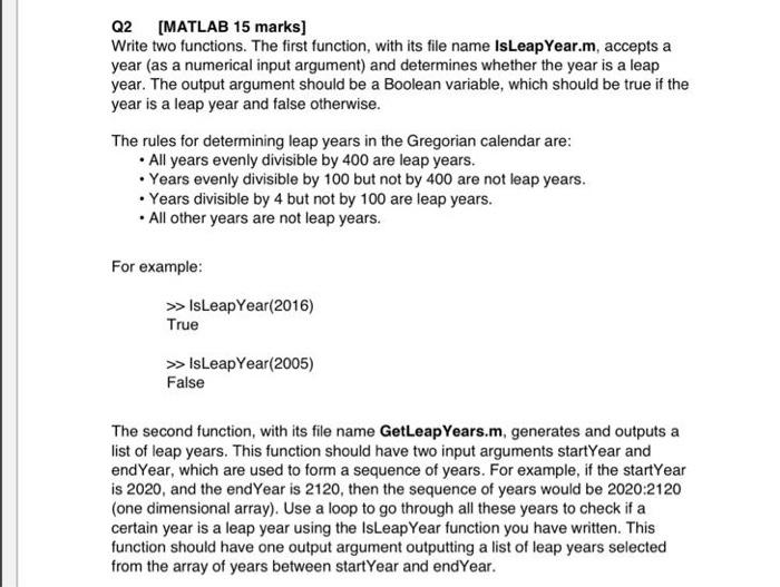 Solved Q2 [MATLAB 15 marks] Write two functions. The first | Chegg.com