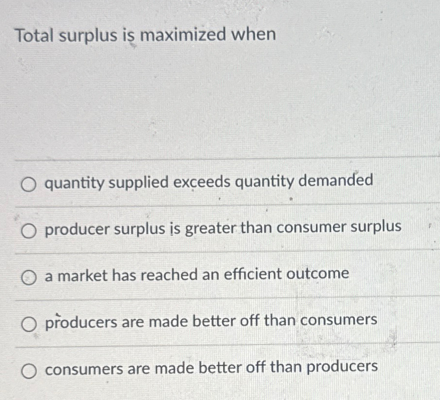 Solved Total surplus is maximized whenquantity supplied | Chegg.com
