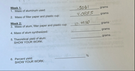 Solved Week 1:Mass of aluminum used:Mass of filter paper and | Chegg.com