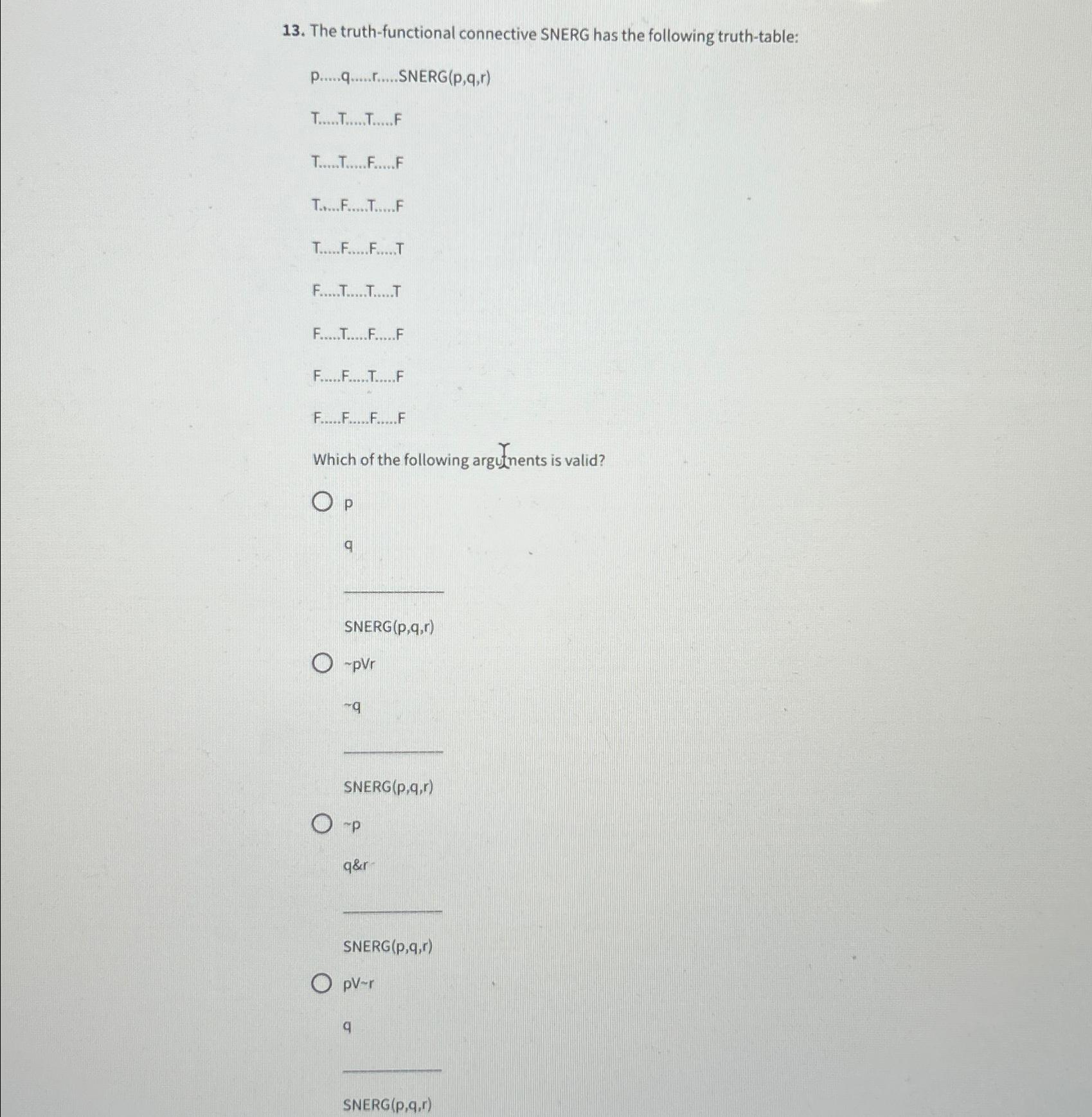 Solved The truth-functional connective SNERG has the | Chegg.com