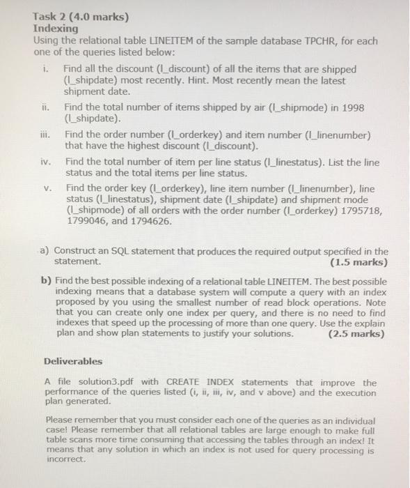 Solved II. Task 2 (4.0 marks) Indexing Using the relational | Chegg.com