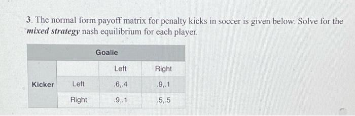Solved 3. The normal form payoff matrix for penalty kicks in | Chegg.com