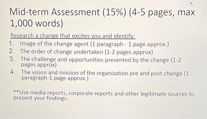 Solved Mid-term Assessment (15\%) (4-5 pages, max 1,000 | Chegg.com