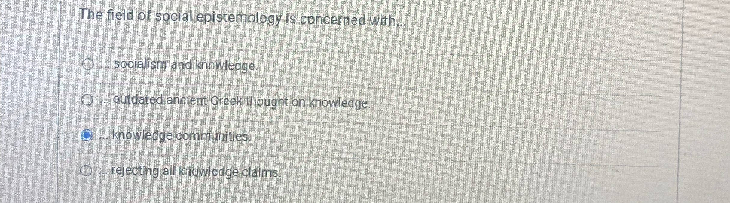 Solved The field of social epistemology is concerned | Chegg.com