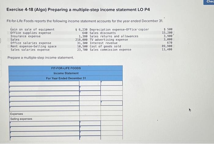 Solved Exercise 4-18 (Algo) Preparing a multiple-step income | Chegg.com